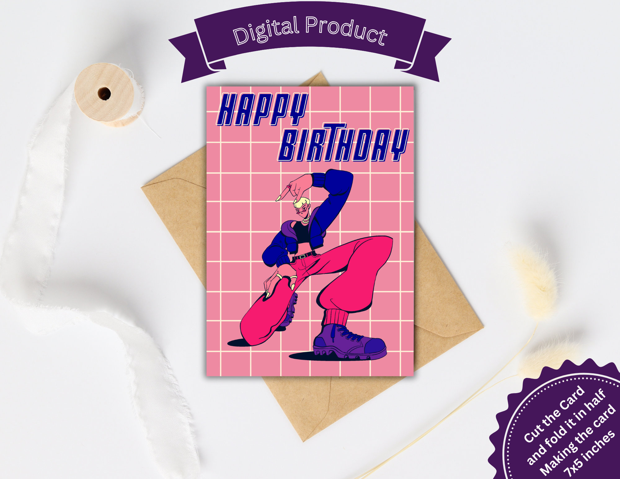 Printable Y2k Dance Themed Birthday Card, Cartoon Girl, Pink, Card for ...