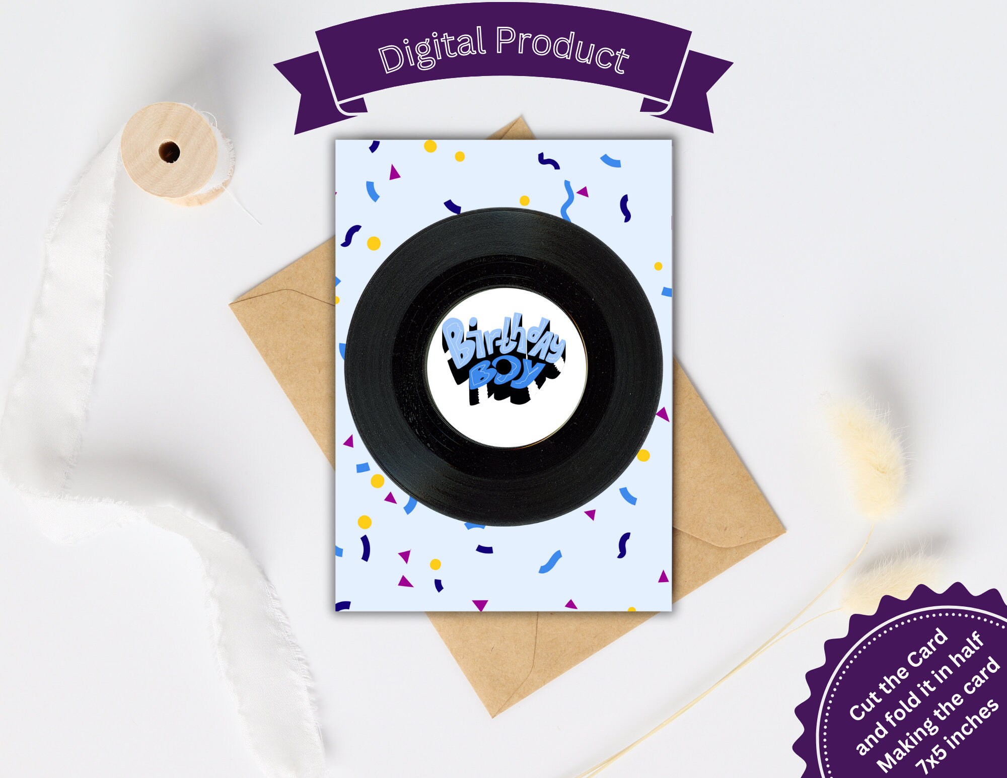 Printable Birthday Card, Birthday Boy, Retro, Vinyl Record, Blue, Print ...