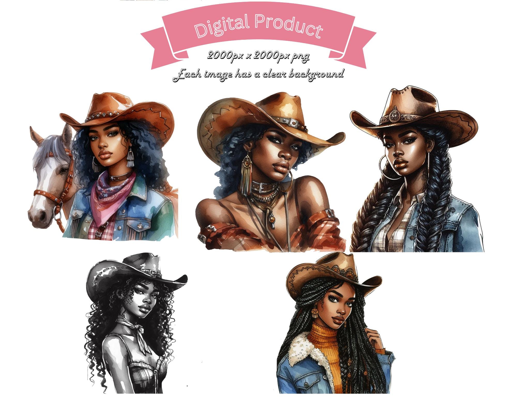 20 Melanin Cowgirls Clipart PNG Watercolor Cowgirl African American ...
