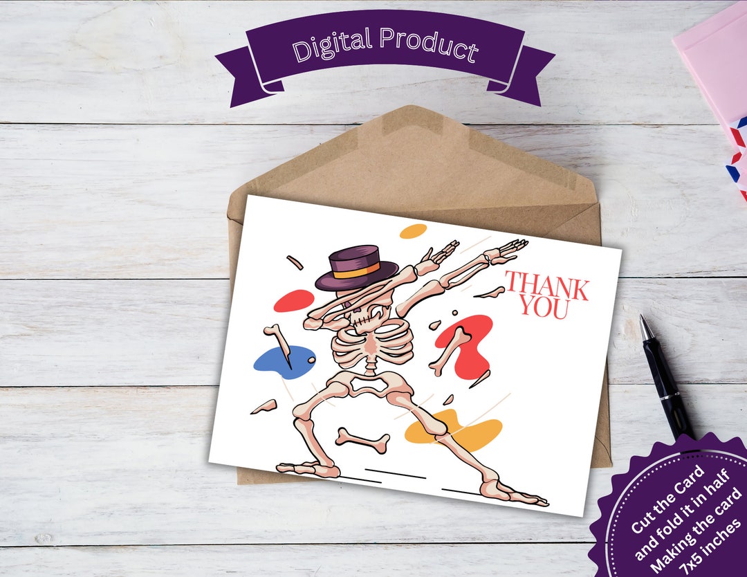 Printable Thank You Card Dabbing Skeleton Cute Unique Card Greeting ...