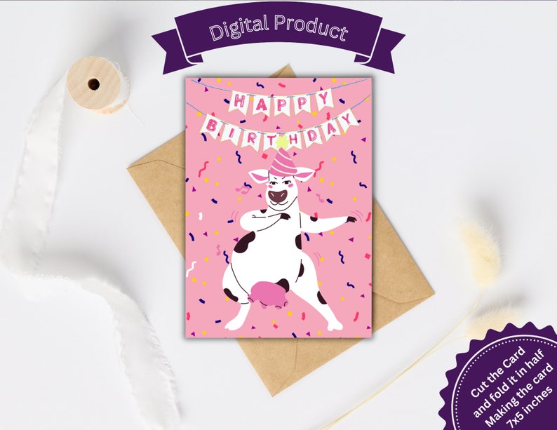 Printable Birthday Card Dancing Cow Cute Card Funny Card Card for Her ...
