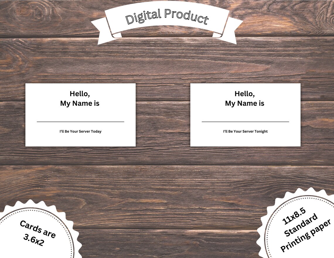 Printable Card Hello My Name is I'll Be Your Server Tonight Today, Work ...