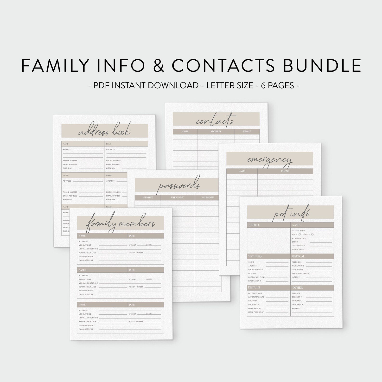 Family Information and Contact Printables | Password List | Emergency ...