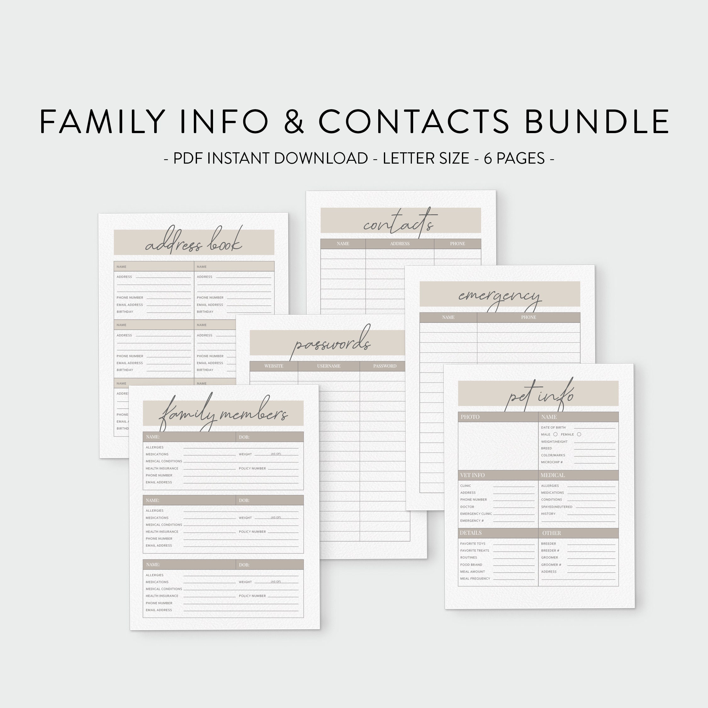 Family Information and Contact Printables | Password List | Emergency ...