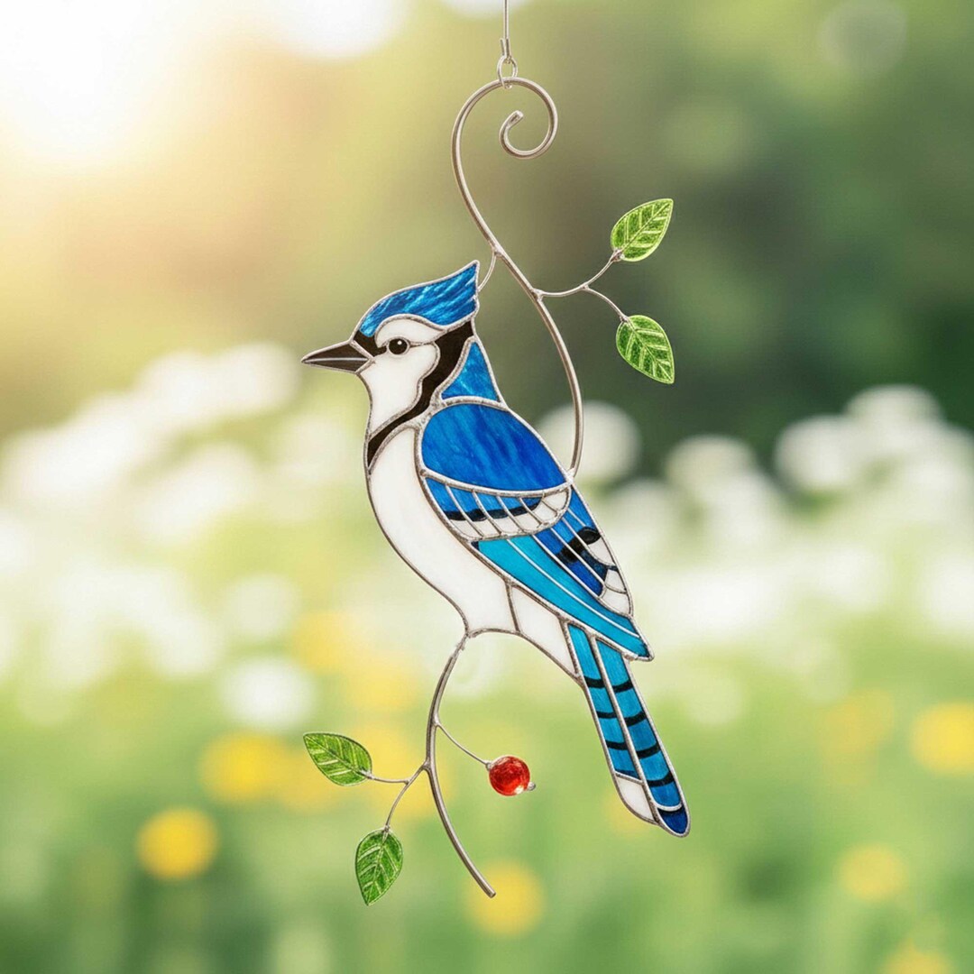 Stained Glass Blue Jay, Red Cardinal, Robin Window Hanging Suncatcher ...