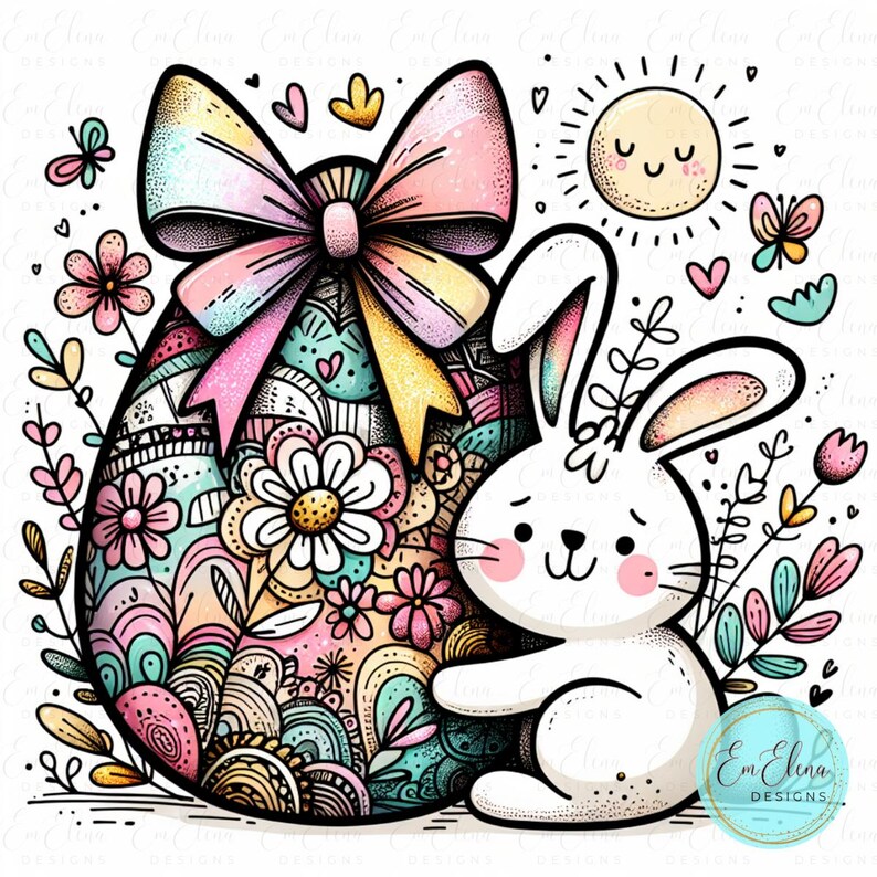 Easter Bunny and Egg Doodle Clipart PNG, Floral Spring Easter Rabbit ...