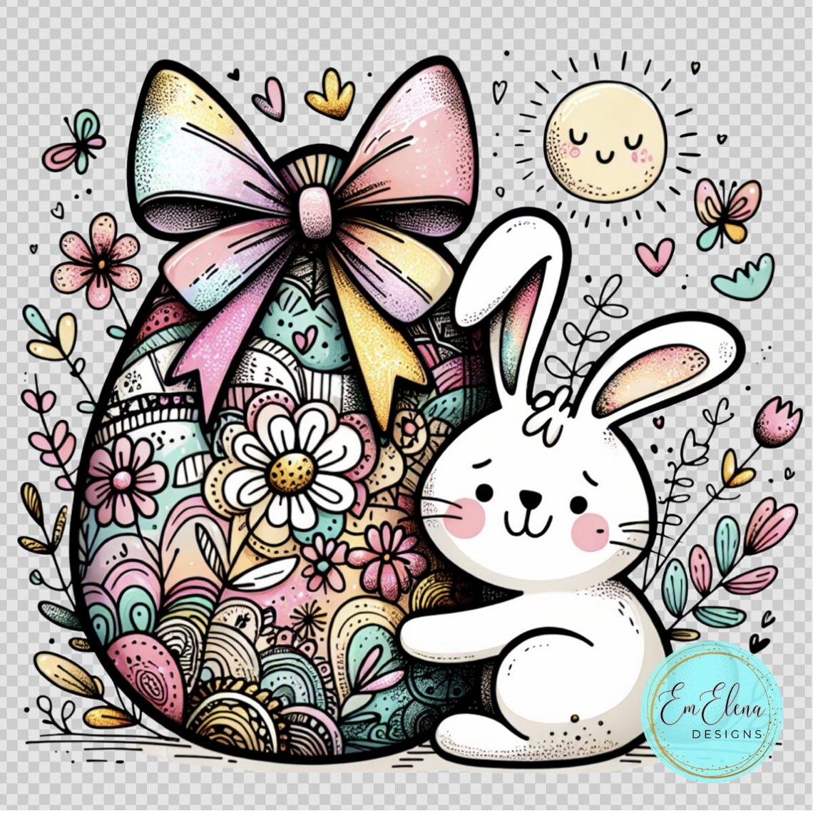 Easter Bunny and Egg Doodle Clipart PNG, Floral Spring Easter Rabbit ...
