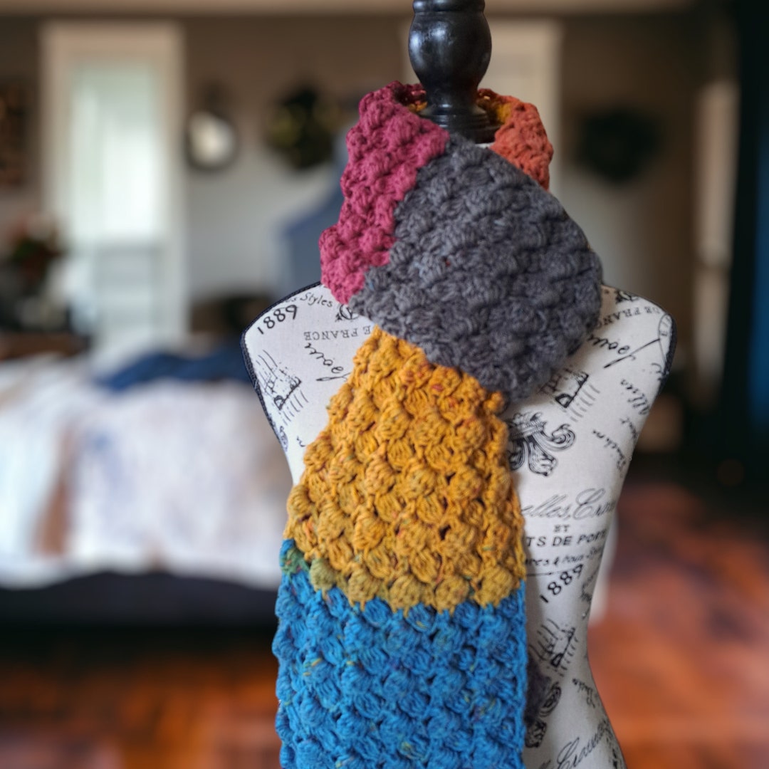 Hand Crochet Scarf, Warm Handmade Colourful Scarf, Chunky Textured ...