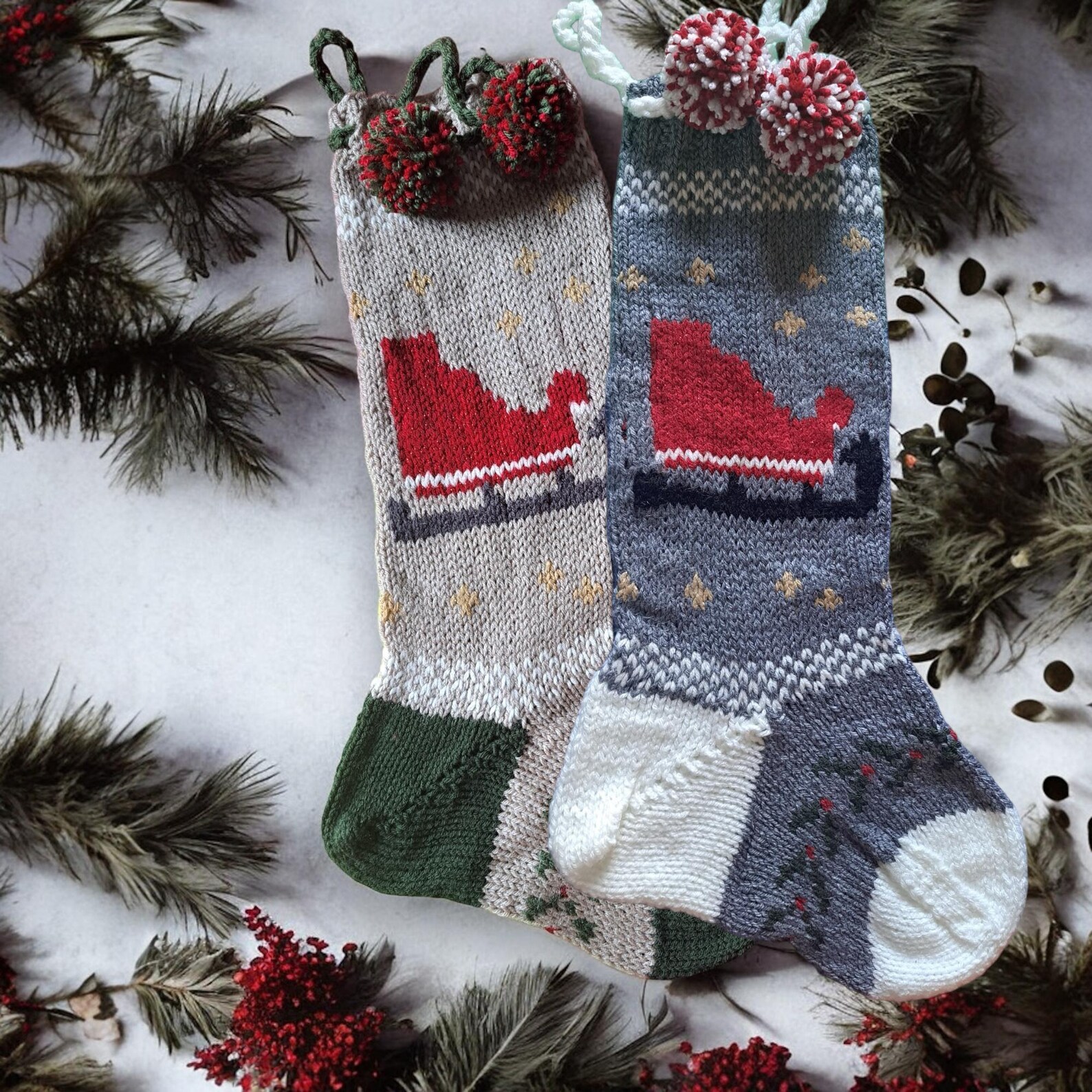 Hand Knit Stocking, Santa's Sleigh Design, Heirloom Handmade Christmas ...