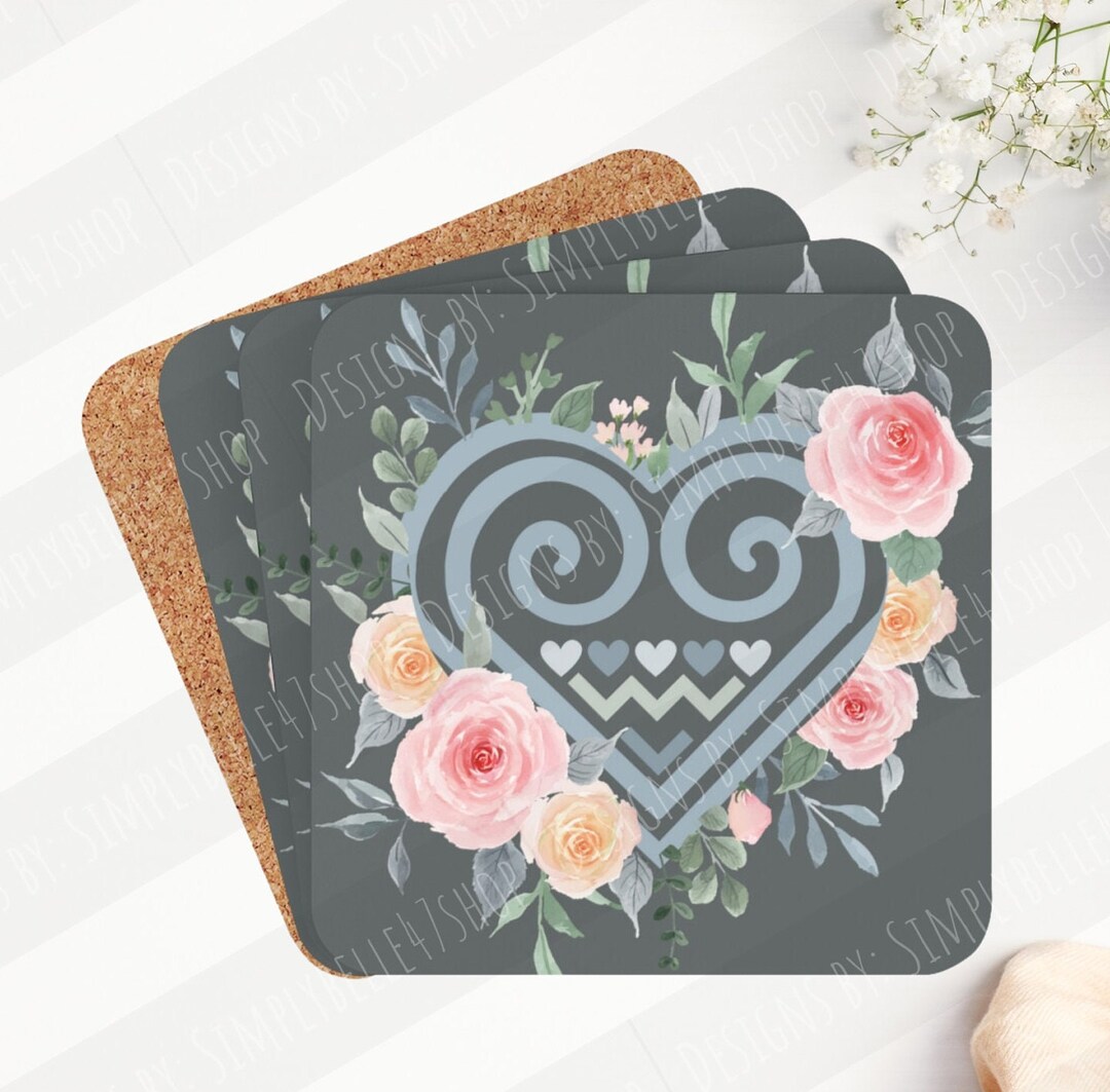 Hmong Floral Watercolor Heart Corkwood Coaster Set - Etsy