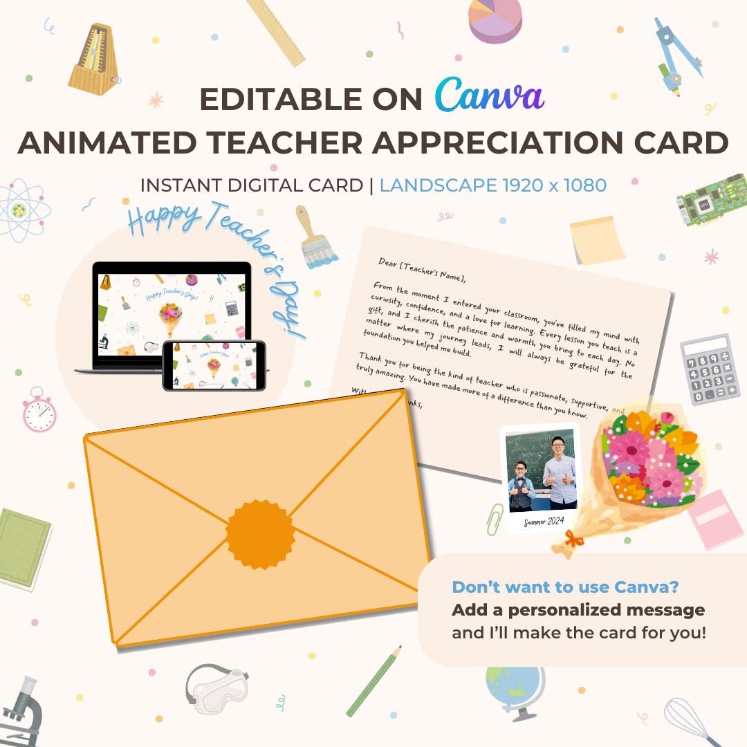Animated Teacher Appreciation Card – Editable Canva Template | Digital ...