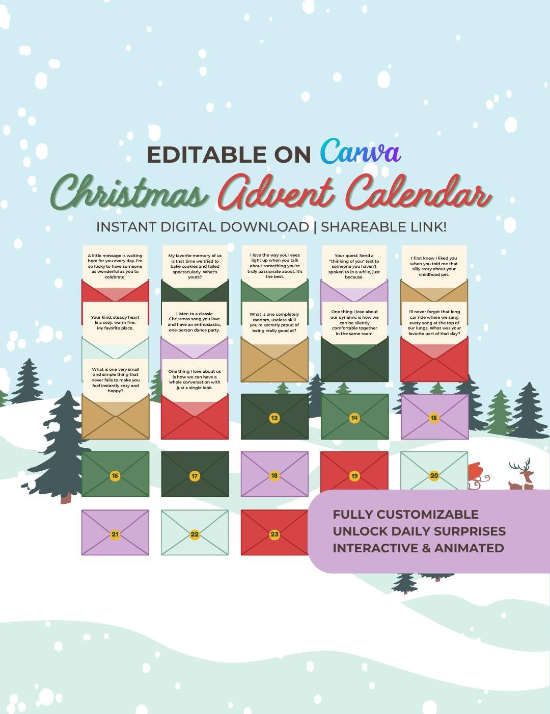 Interactive Digital Snowy Christmas Advent Calendar – Editable Canva ...