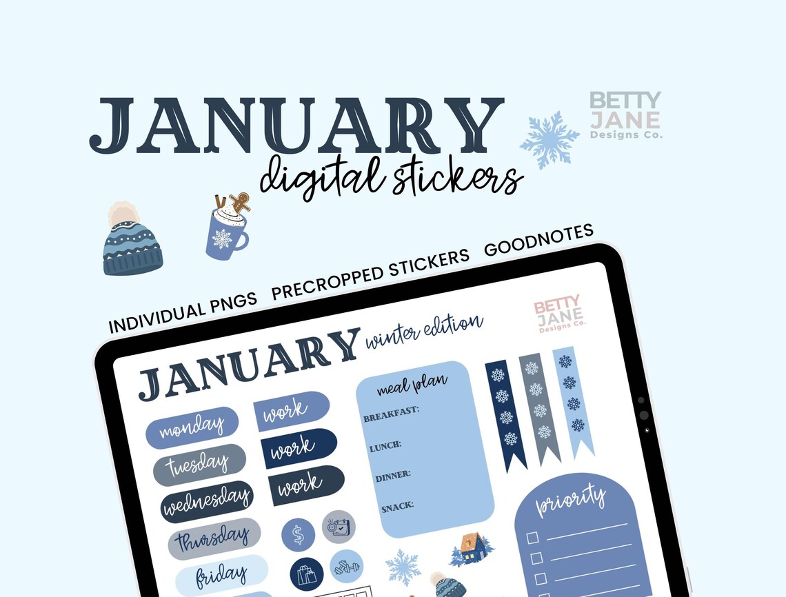 January Winter Mini Digital Sticker Kit | 25 Precropped Winter-themed ...