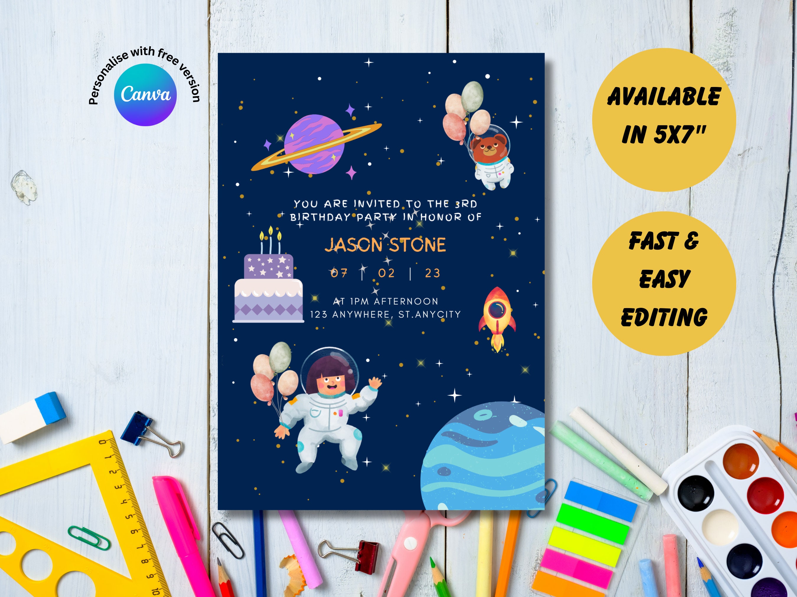 Kids Astronaut Space Birthday Invitation, Kids Invitation, Boy ...