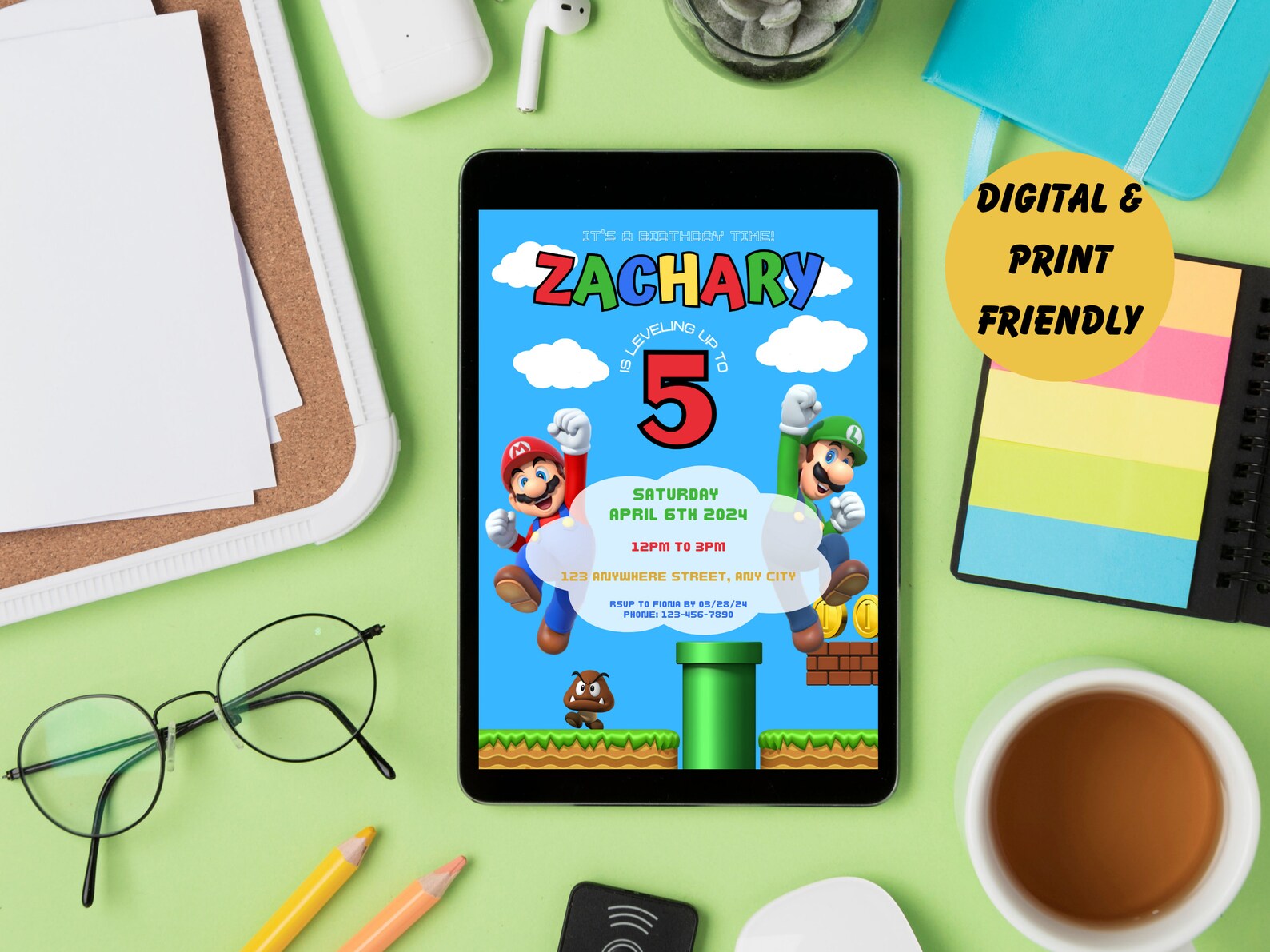 Super Mario Birthday Invitation, Mario Bros Invitation, Super Brothers ...