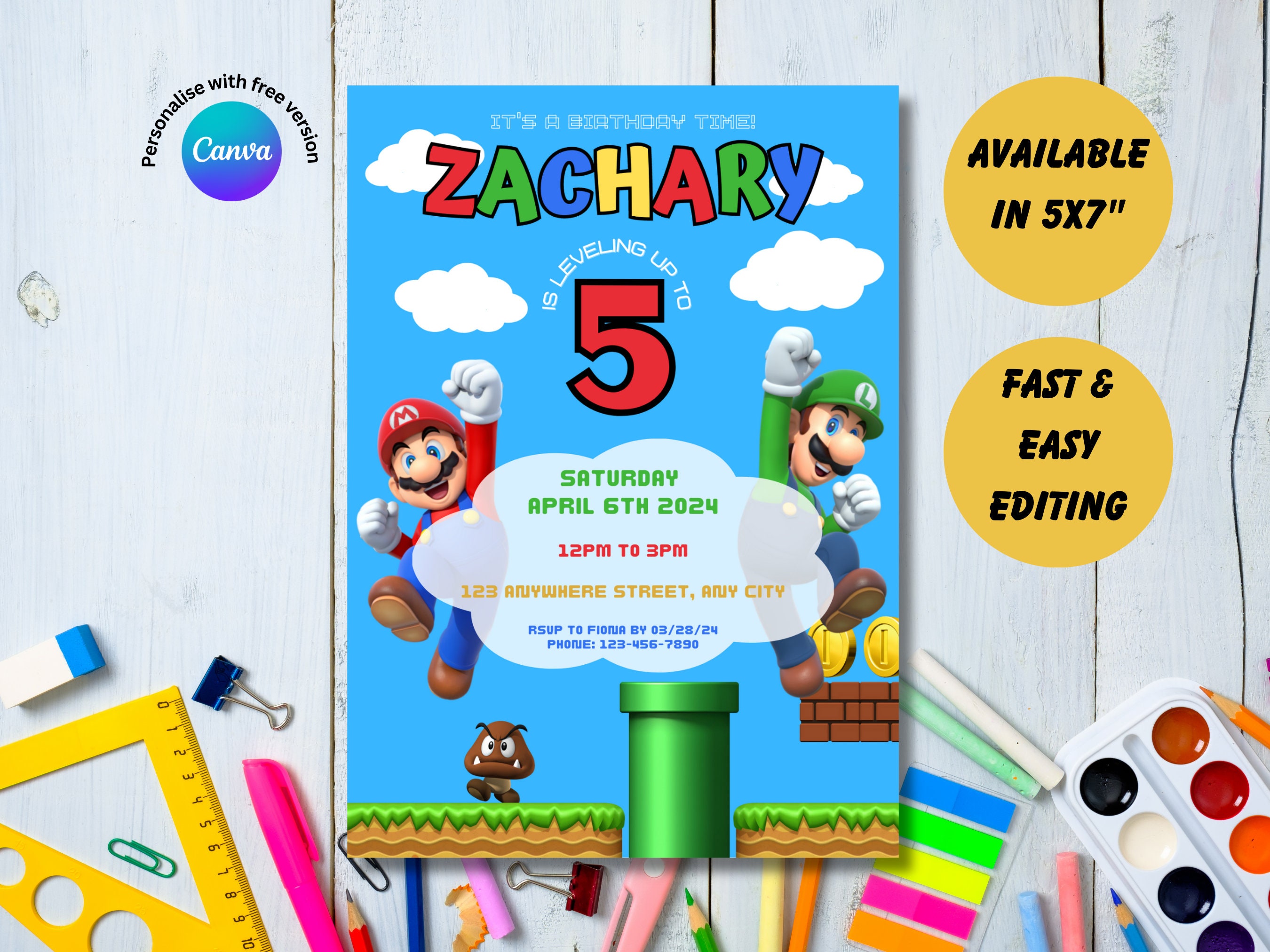 Super Mario Birthday Invitation, Mario Bros Invitation, Super Brothers ...