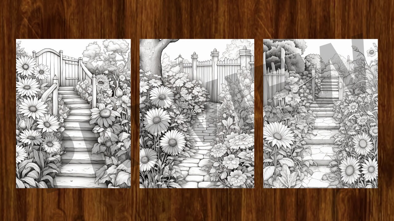 Garden Path Coloring Pages for Adults and for Kids, Grayscale Coloring ...