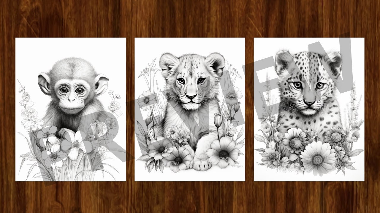 32 Cute Baby Animals Grayscale Coloring Pages | Printable Adult ...