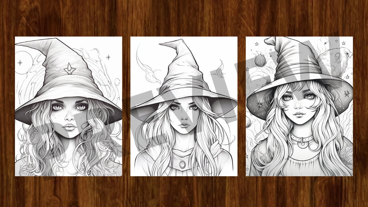 37 Beauty Witches Grayscale Coloring Pages PDF Format - Etsy