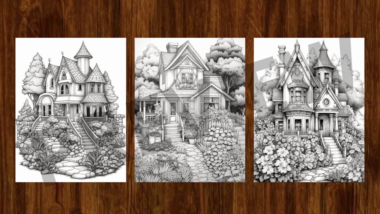 Garden Cottages Coloring Book, Adults Instant Download -grayscale ...