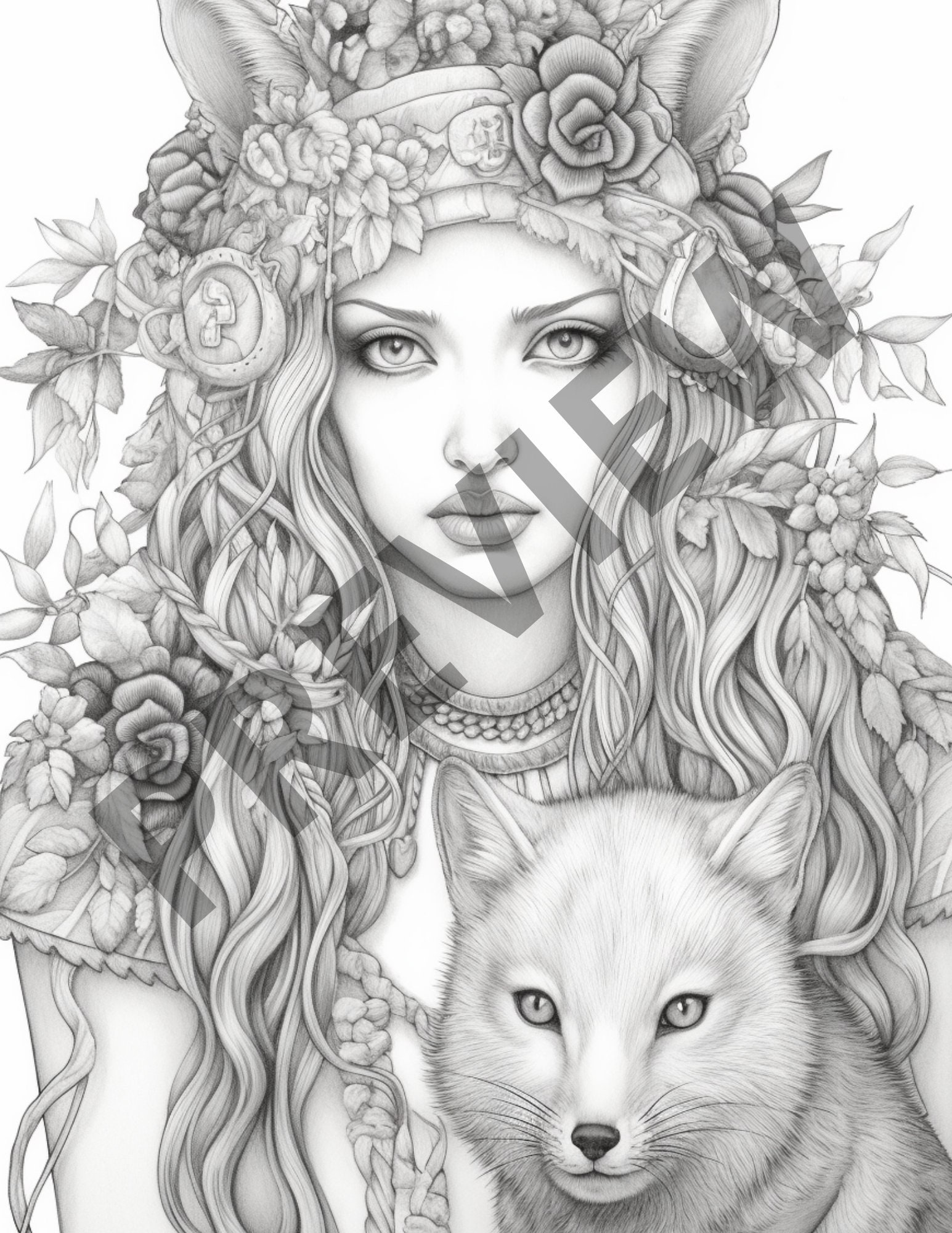 Woodland Animals & Girls Fantasy Anime Coloring Page, Adults Kids ...