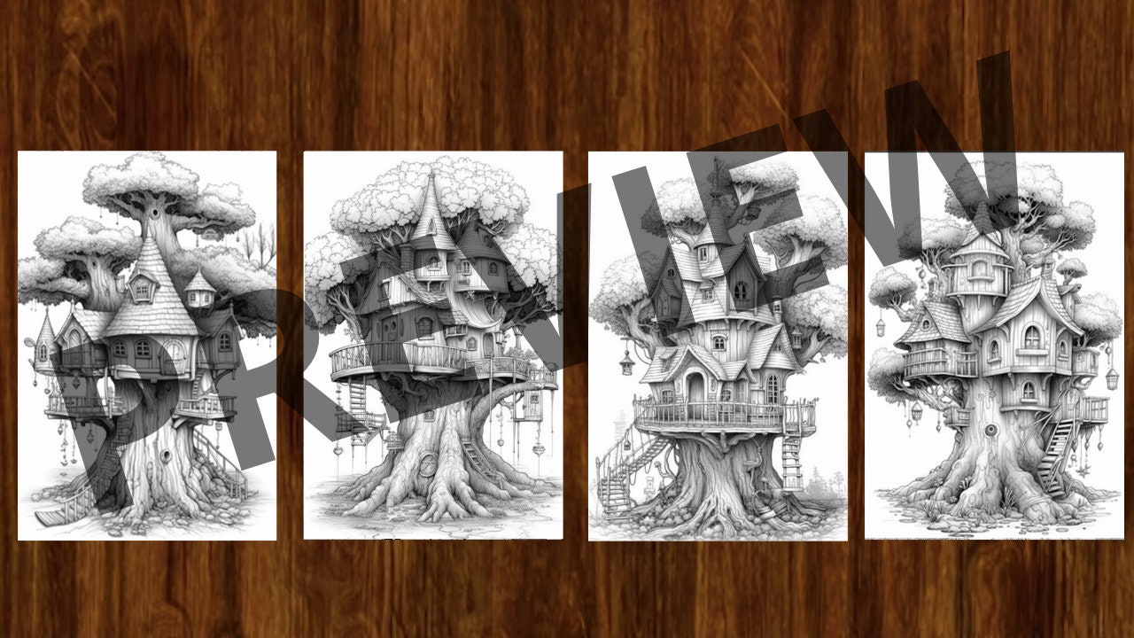 44 Enchanted Tree Houses Coloring Book Adult & Kids Instant - Etsy