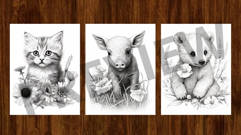 32 Cute Baby Animals Grayscale Coloring Pages | Printable Adult ...