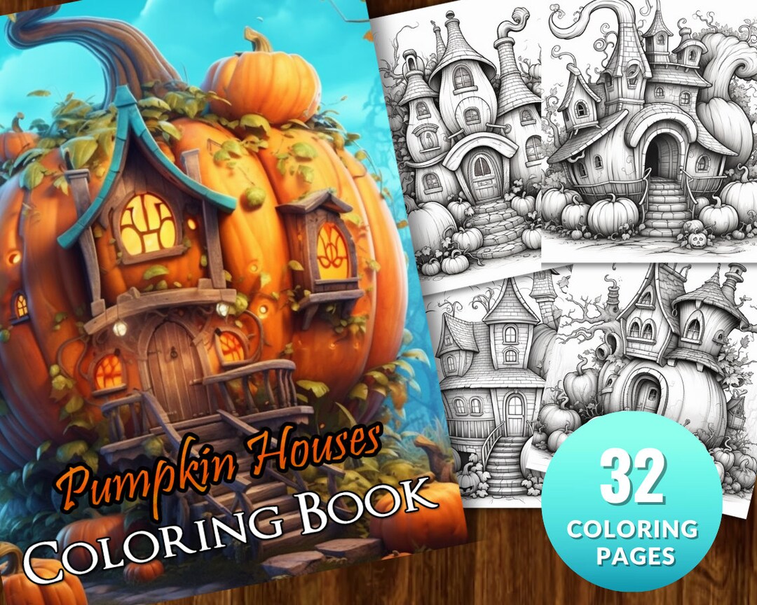 Pumpkin House Grayscale Coloring Pages for Adults, Dark and Light ...