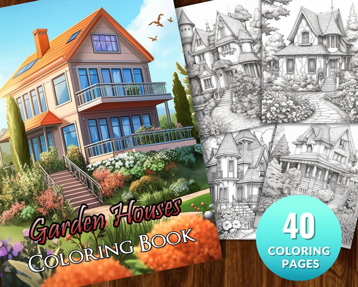 Garden Cottages Coloring Book, Adults Instant Download grayscale ...
