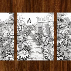 Garden Path Coloring Pages for Adults and for Kids, Grayscale Coloring ...