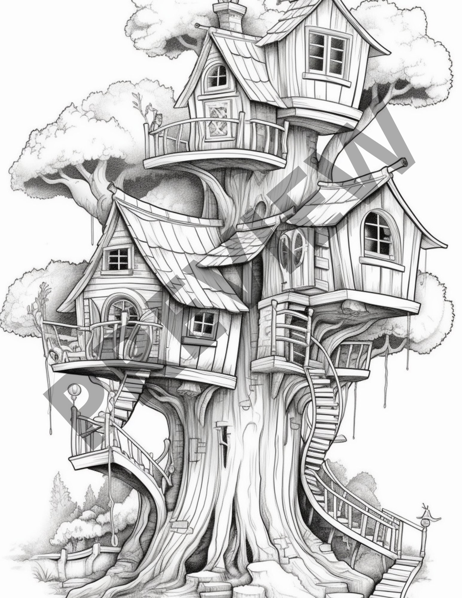 44 Enchanted Tree Houses Coloring Book Adult & Kids Instant - Etsy