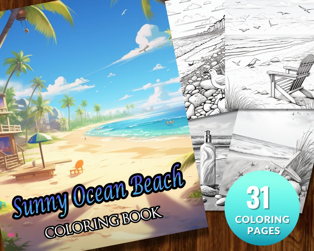 31 Sunny Ocean Beach Coloring Book for Adults Digital Kids Beach Sand ...