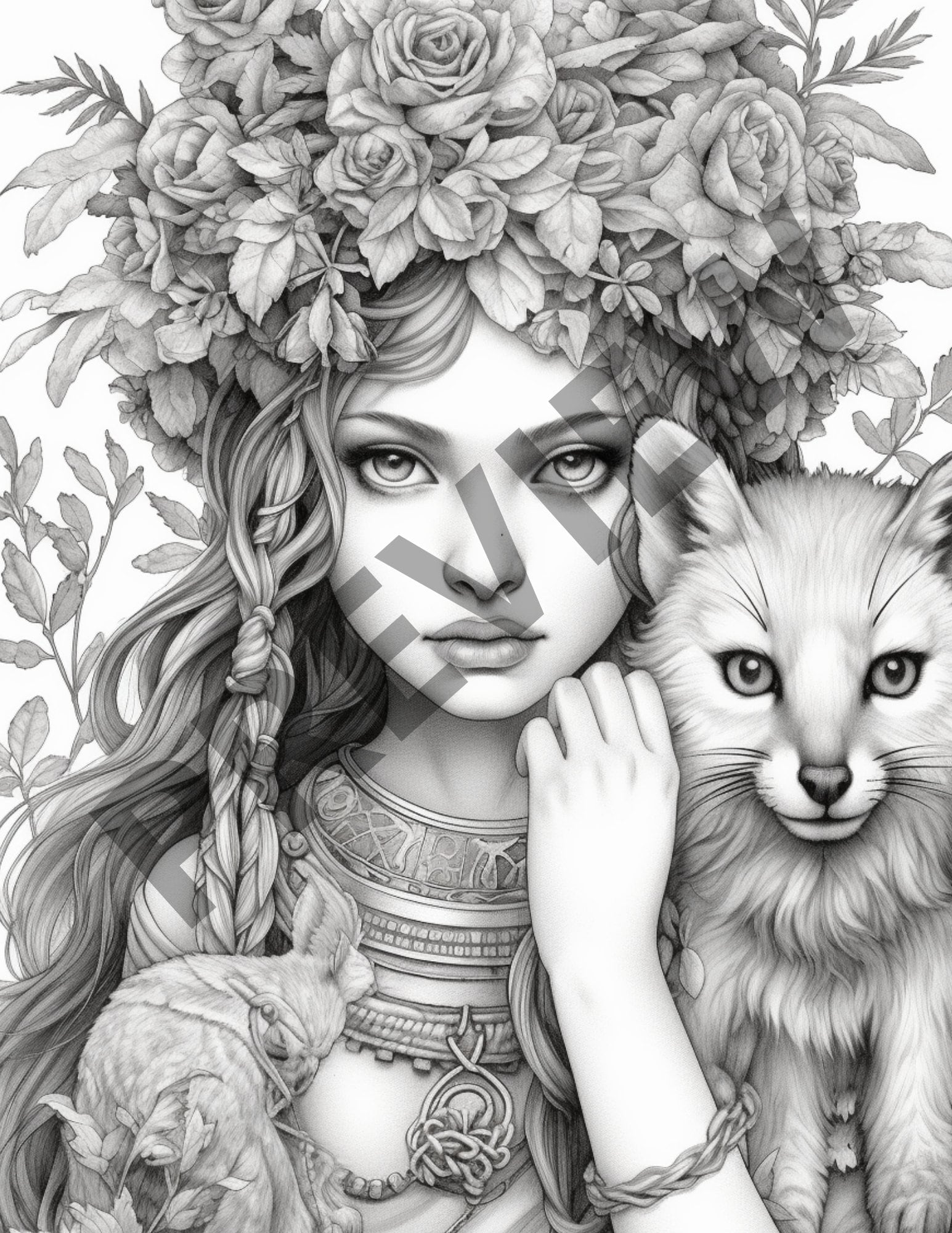 Woodland Animals & Girls Fantasy Anime Coloring Page, Adults Kids ...