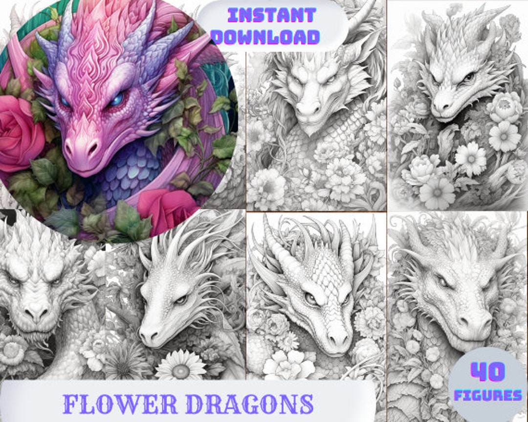 Flower Dragons Coloring Book: Majestic Dragon Designs | 46 Detailed ...