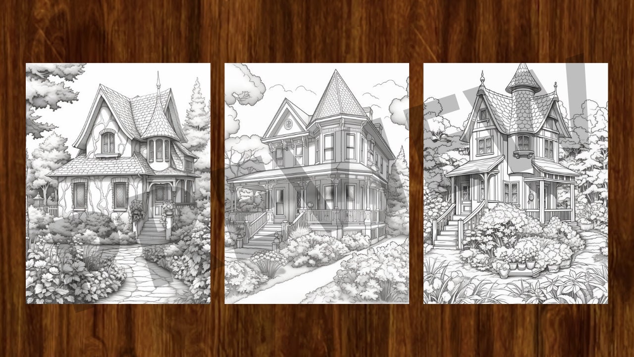 Garden Cottages Coloring Book, Adults Instant Download -grayscale ...