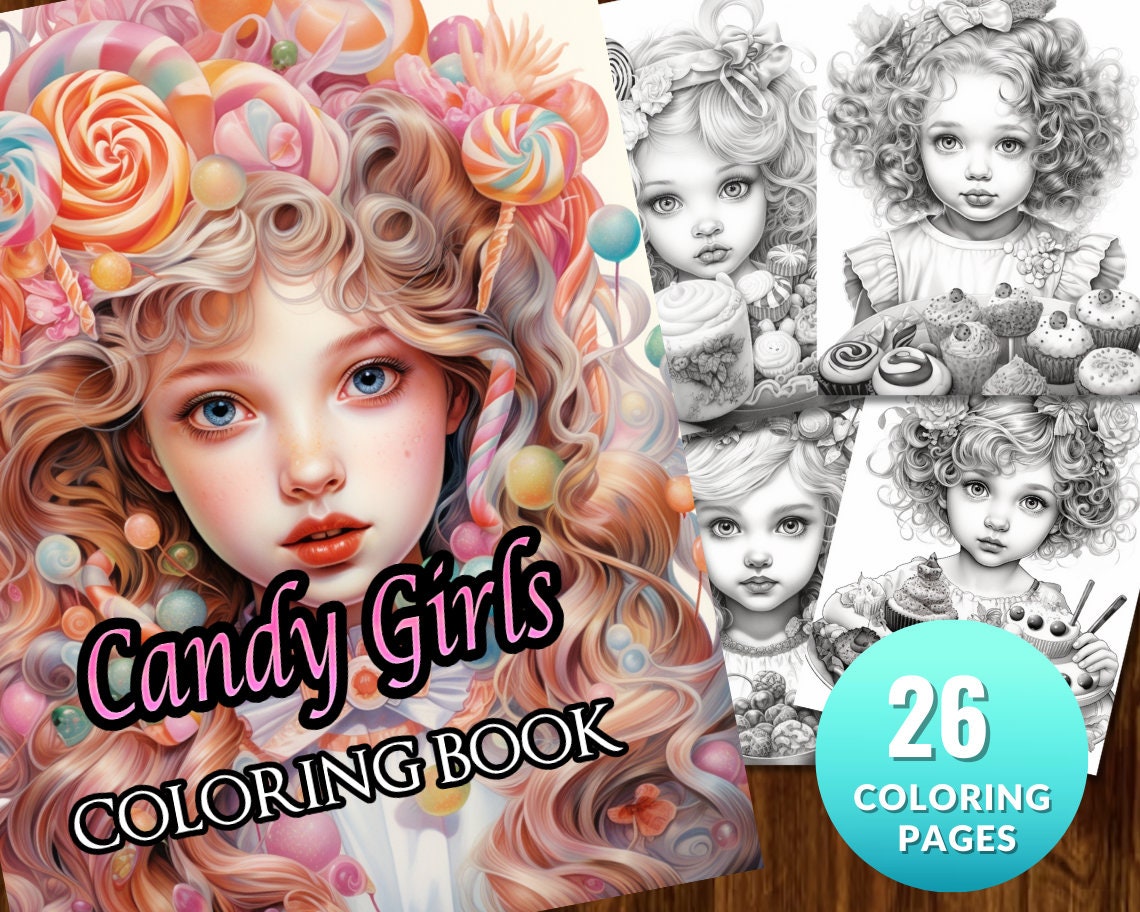 Candy Girl 26 Coloring Pages, Instant Download, Grayscale Coloring Book ...