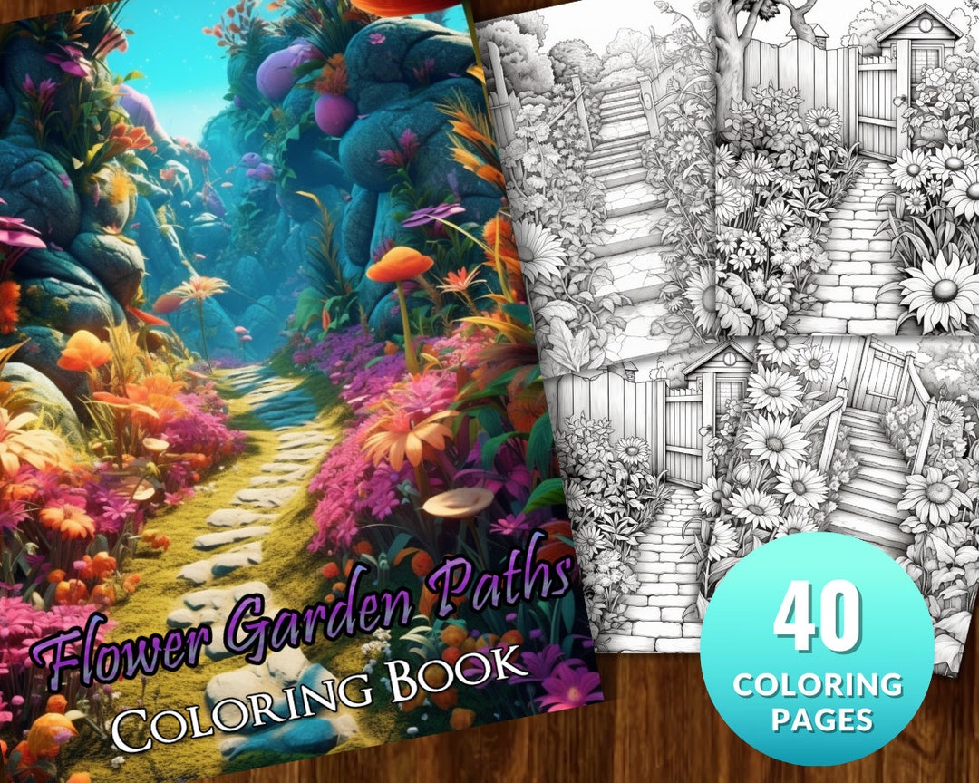Garden Path Coloring Pages for Adults and for Kids, Grayscale Coloring ...
