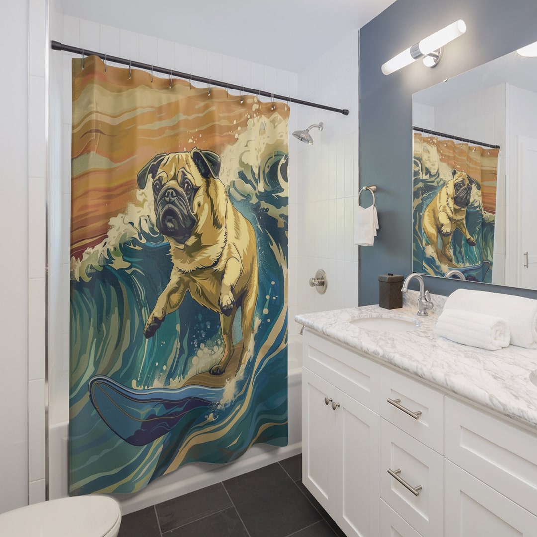 Pug Shower Curtain, Beach Themed Home Decor, Pug Gift, Funny Shower ...