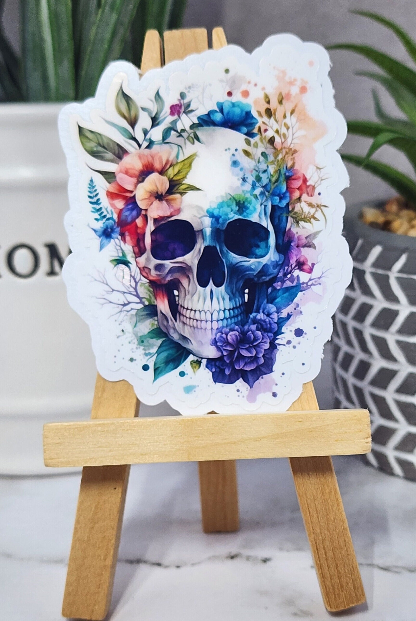 Watercolor Skull Floral Skull Sticker Waterproof Sticker Skull Decal ...
