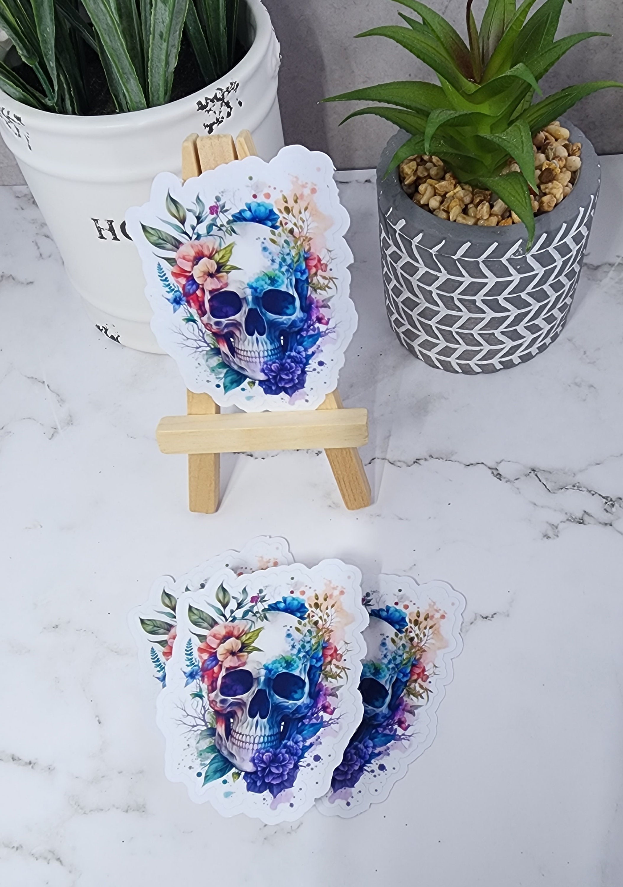 Watercolor Skull Floral Skull Sticker Waterproof Sticker Skull Decal ...