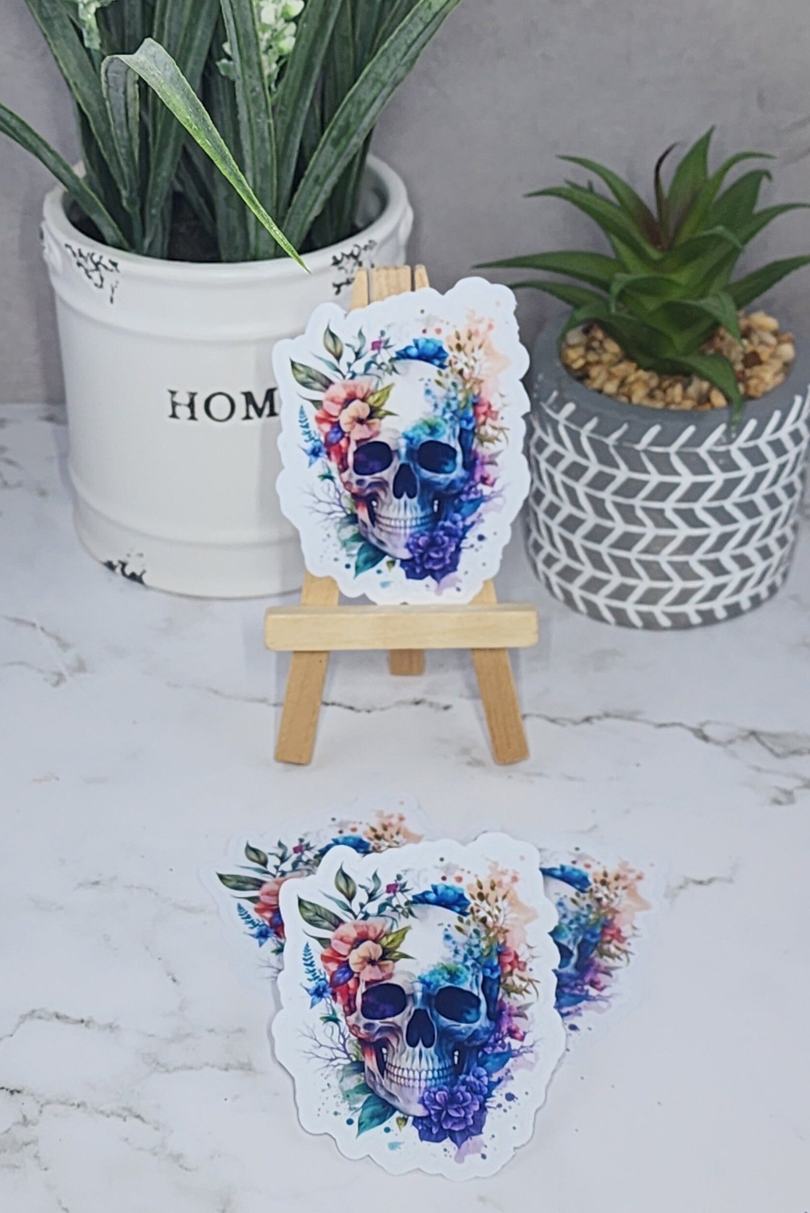 Watercolor Skull Floral Skull Sticker Waterproof Sticker Skull Decal ...