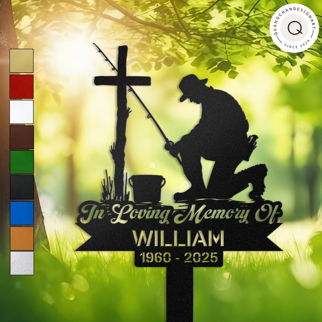 Custom Fisherman Kneeling at Cross Memorial Stake, Personalized Fishing ...
