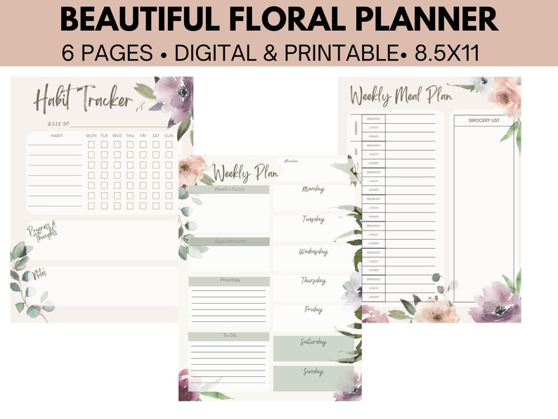 Floral Watercolor Planner, Printable Planner, Digital Planner ...