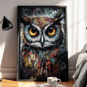 Colorful Owl Street Graffiti Art, Modern Urban Bird Wall Decor, Digital ...