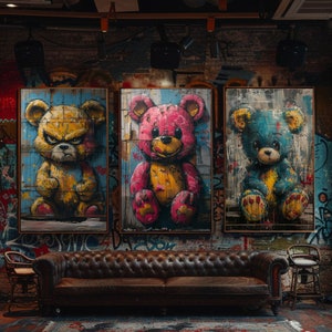 Teddy Bear Graffiti Gallery Wall Set, Set of 3, Bold Urban Wall Prints ...