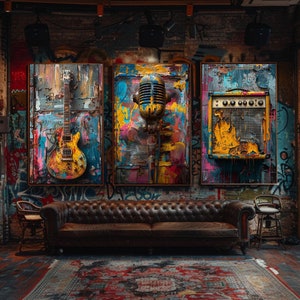 Set of 3 Music Graffiti Gallery Set, Guitar, Amp, Microphone, Vibrant ...