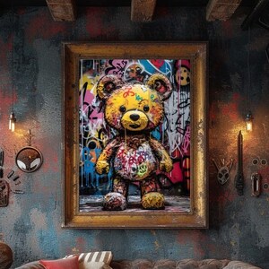 Banksy-inspired Teddy Bear Graffiti, Vibrant Urban Street Art, Modern ...