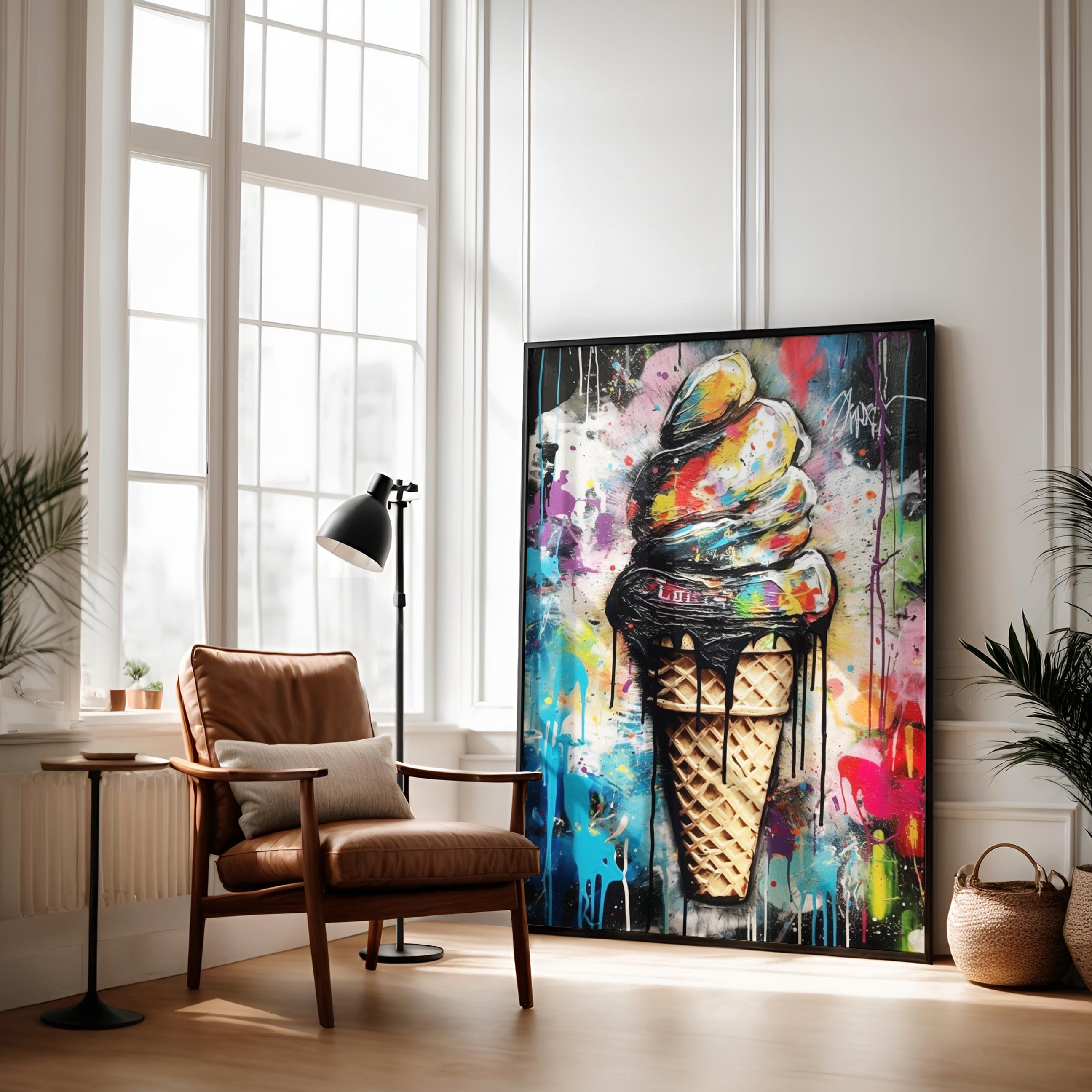 Urban Vanilla Ice Cream Cone Graffiti, Vibrant Street Art Digital Print ...