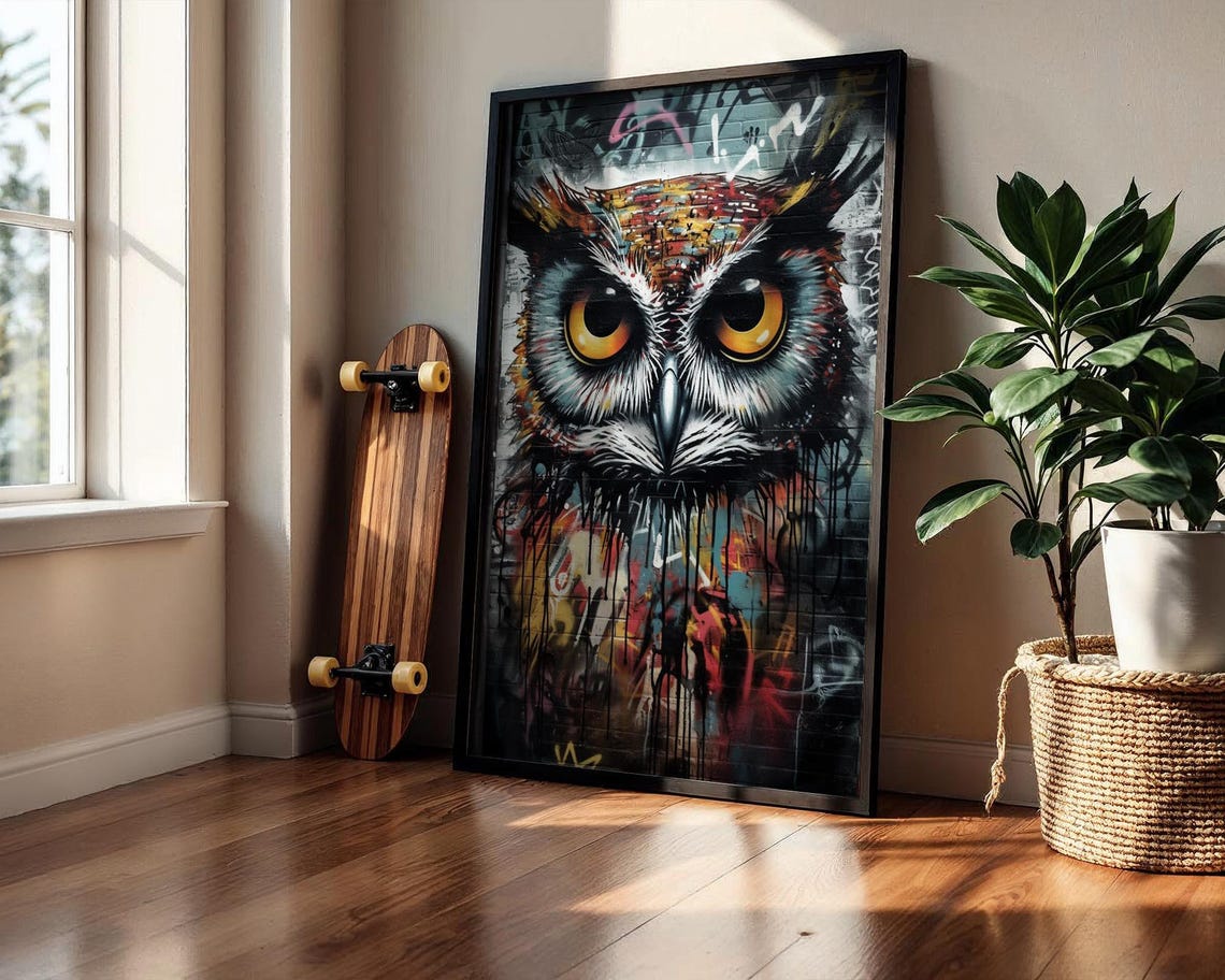 Colorful Owl Street Graffiti Art, Modern Urban Bird Wall Decor, Digital ...