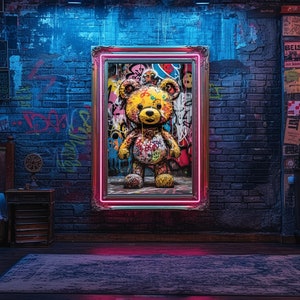 Banksy-inspired Teddy Bear Graffiti, Vibrant Urban Street Art, Modern ...